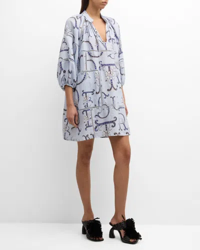 Oroton Floral-print Lace-inset Linen Mini Dress In Windmill Blue | ModeSens