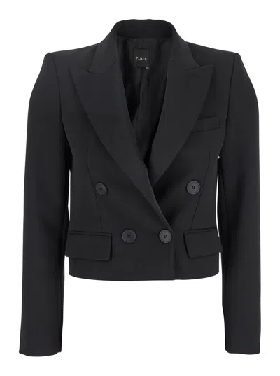 Plain Black Double-breasted Cropped Jacket With Peak Lapels In Satin ...