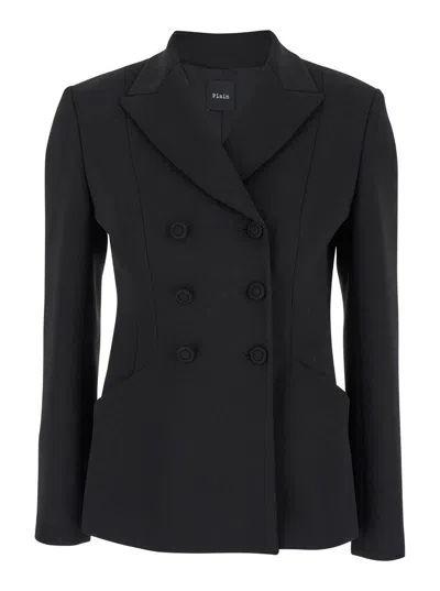 Plain Black Double-breasted Jacket With Peak Revers In Fabric Woman ...