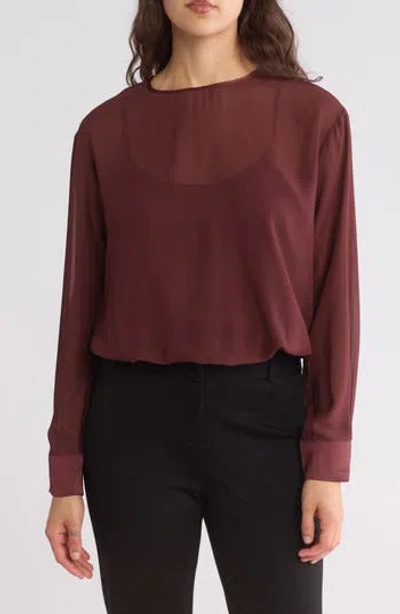 Pleione Crewneck Long Sleeve Bubble Hem Top In Burgundy | ModeSens