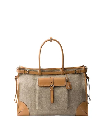 Prada Bonnie Linen And Leather Tote Bag In Neutral | ModeSens