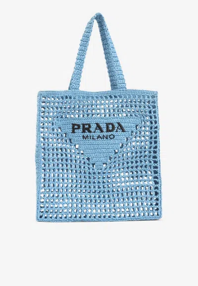 Prada Logo Crochet Tote Bag In Blue | ModeSens