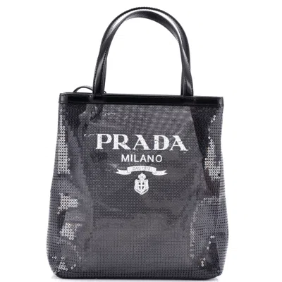 Prada Logo Open Tote Sequined Mesh Small In Black | ModeSens
