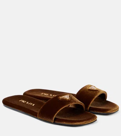 Prada Logo Velvet Slides In Green | ModeSens