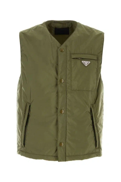Prada Man Army Green Nylon Sleeveless Padded Jacket | ModeSens