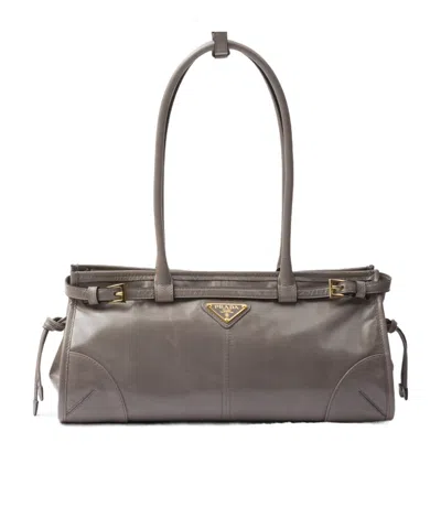Prada Medium Enamel Triangle Logo Belted Handbag In Gray | ModeSens