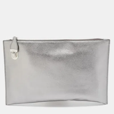 Pre-owned Prada Silver Saffiano Lux Leather Push Lock Clutch | ModeSens