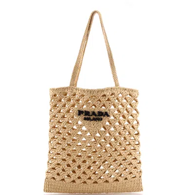 Prada Triangle Logo Tote Raffia Crochet Small In Beige | ModeSens