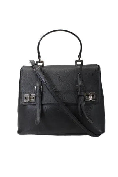 Prada Womens Black Leather Double Turn Lock Saffiano Satchel Bag ...