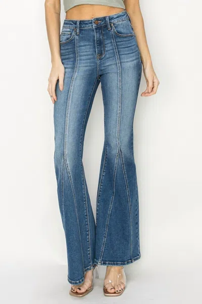 Risen High Rise Flare Front Seam Detailed Jeans In Dark Denim In Blue ...