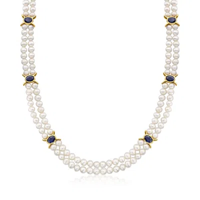 Ross-simons 4.5-5.5mm Cultured Pearl And Sapphire Station Necklace In 18kt Gold Over Sterling In ...