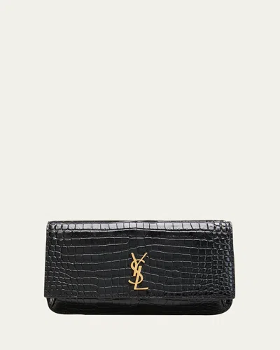 Saint Laurent Ysl Croc-embossed Phone Holder Shoulder Bag In Black ...