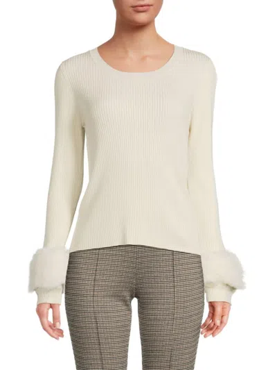 Saks Fifth Avenue Women's Faux Fur Cuff Rib Knit Top In Cream | ModeSens
