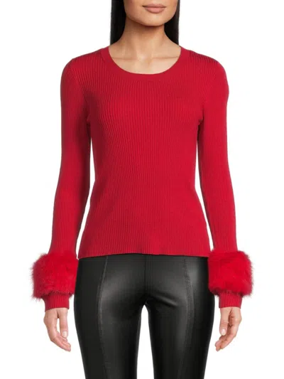 Saks Fifth Avenue Women's Faux Fur Cuff Rib Knit Top In Ruby Red | ModeSens