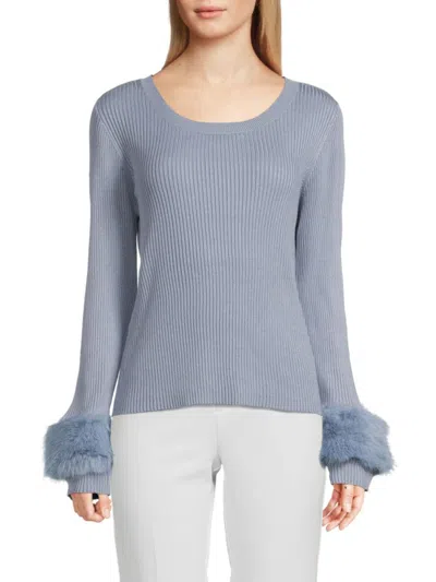 Saks Fifth Avenue Women's Faux Fur Cuff Rib Knit Top In Stone Blue ...
