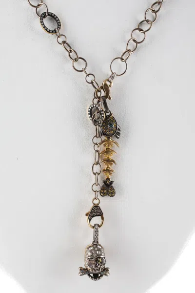 Sally Sohn 18kt Yellow Gold Diamond 20" Chain Skull Fish Charm Necklace ...