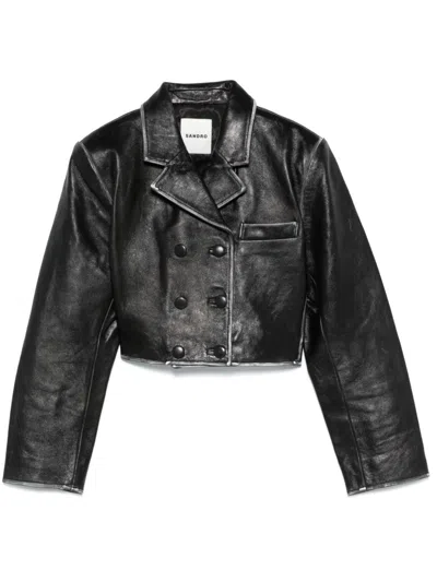 Sandro Cropped Leather Jacket In Black | ModeSens