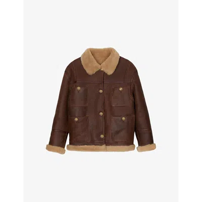Sandro Womens Shearling-trim Patch-pocket Sheepskin Jacket Bruns | ModeSens