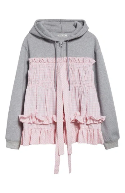 Sandy Liang Esther Smocked Gingham Bodice Full-zip Hoodie In Heather ...
