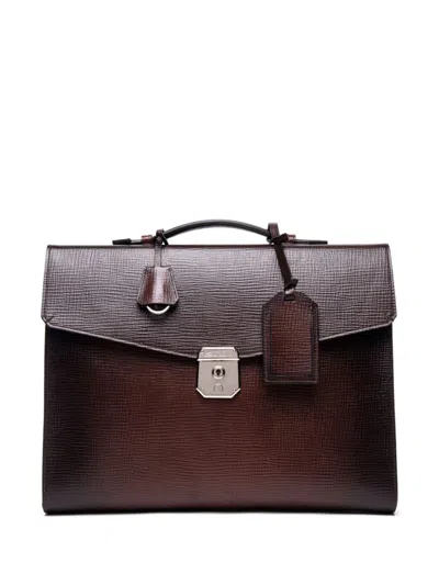 Santoni Logo Engraved Briefcase In Brown | ModeSens