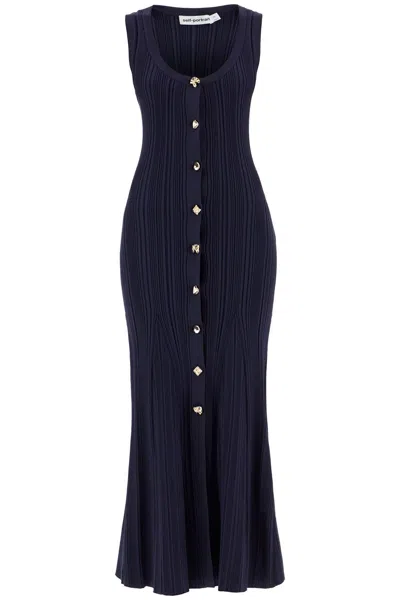 Self-portrait Button-embellished Ribbed-knit Midi Dress In Blue | ModeSens
