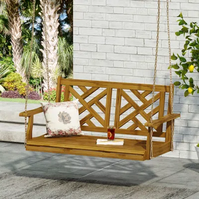 Simplie Fun Acacia Wood Porch Swing With Slat Panel Seating In Gold ...
