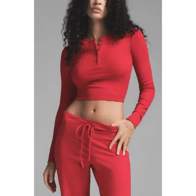 Skims Long Sleeve Crop Stretch Cotton Rib Henley In Cranberry | ModeSens