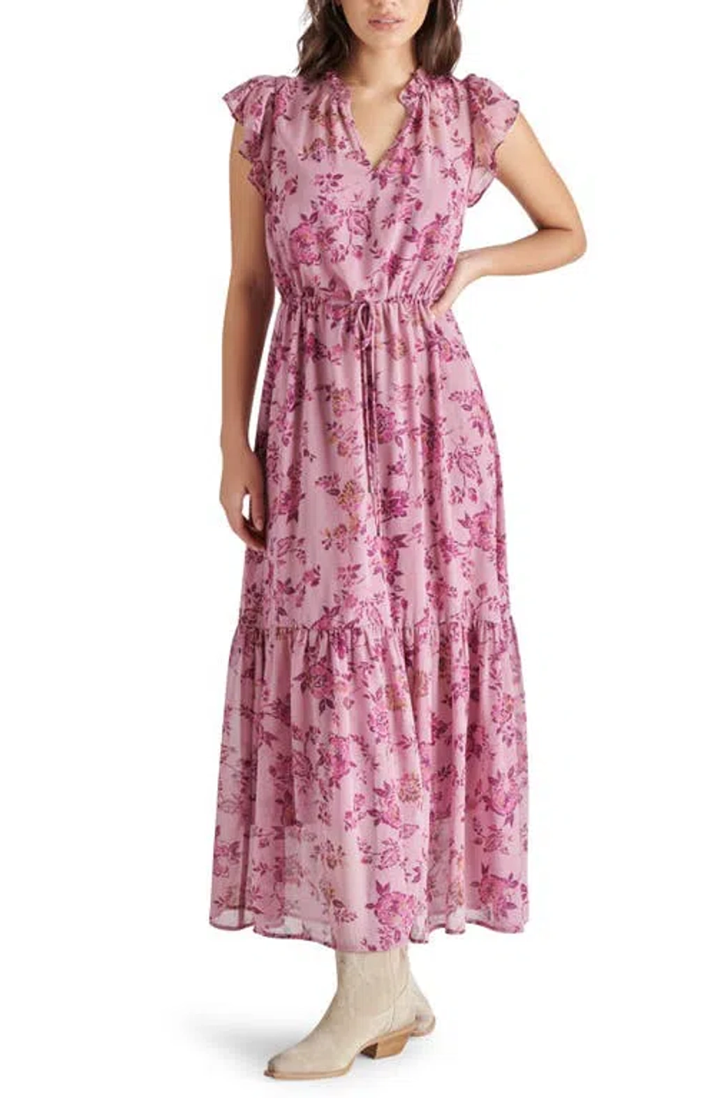 Steve Madden Osiris Floral Tiered Split Neck Tie Waist Maxi Dress In ...