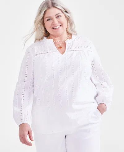 Style & Co Plus Size Cotton Eyelet-embroidered Split-neck Top, Created For Macy's In Bright ...