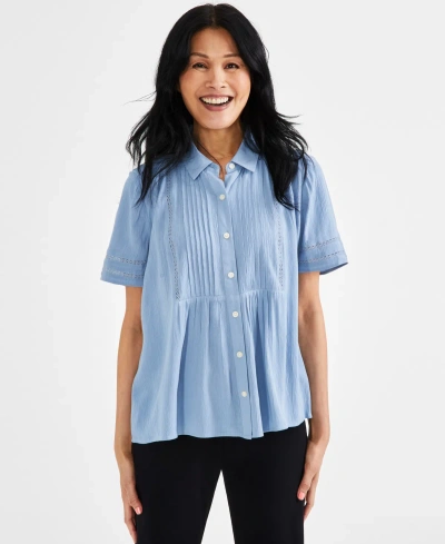Style & Co Women's Pintuck Short-sleeve Button-front Shirt, Created For Macy's In Blue Fog ...