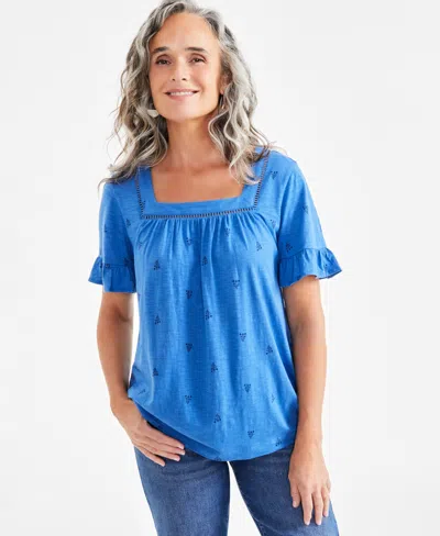 Style & Co Women's Printed Square-neck Ruffle-sleeve Top, Created For ...