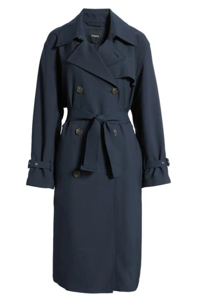 Theory Double Breasted Trench Coat In Blue | ModeSens