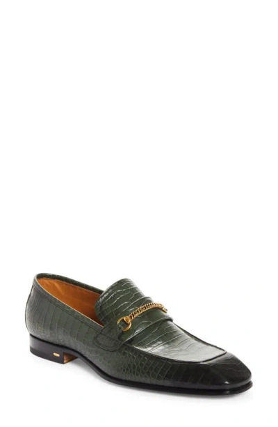 Tom Ford Bailey Crocodile-effect Leather Loafers In Rifle Green | ModeSens
