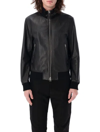 Tom Ford Funnel Neck Grain Leather Bomber Jacket In Black | ModeSens