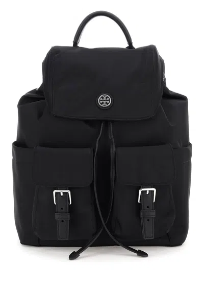 Tory Burch Recycled Nylon Flap Backpack In Black | ModeSens