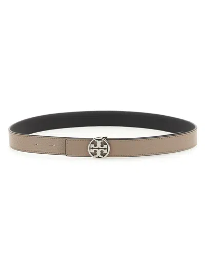 Tory Burch Reversible Miller Belt In Gray Heron / Black / Silver | ModeSens