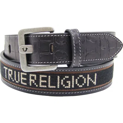 True Religion Jauquin Woven Logo Croc Embossed Leather Belt In Black ...