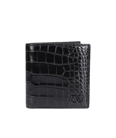 Valentino Garavani Logo Croc-effect Bi-fold Wallet In Black | ModeSens