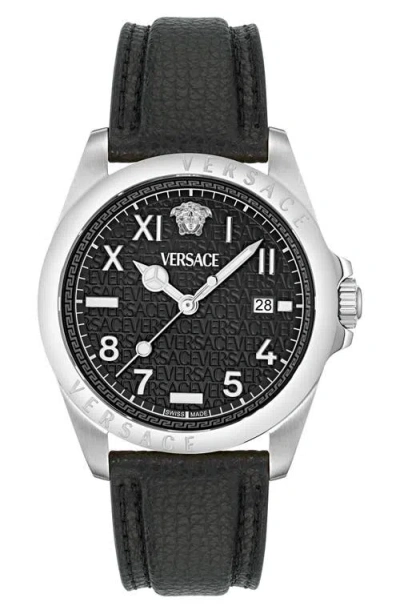 Versace Anteo Leather Strap Watch, 41mm In Stainless Steel | ModeSens