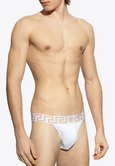 Versace Greca Border Jockstrap With Elastic Waistband In White | ModeSens