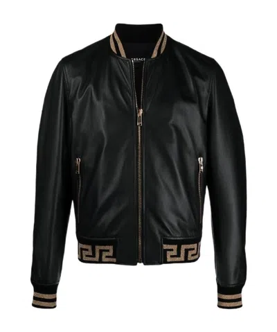 Versace Greek Key Trim Bomber Jacket In Black | ModeSens