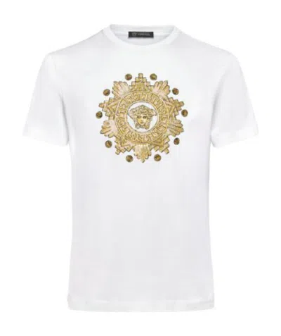 Versace Logo Pattern Logo T-shirt In White | ModeSens
