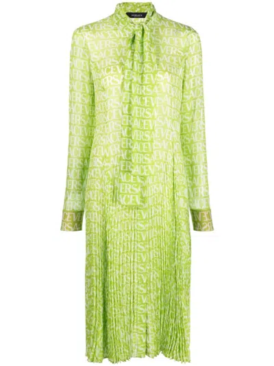 Versace Logo-print Silk Shirtdress In Green | ModeSens