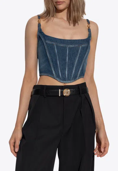 Versace Medusa 95 Denim Corset Top In Blue | ModeSens