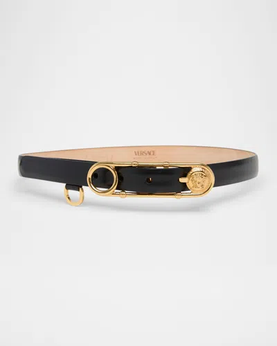 Versace Medusa Safety Pin Leather Belt In 1b00v Black Gold | ModeSens