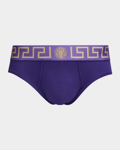 Versace Men's Greek Key Organic Cotton Stretch Briefs In Purple | ModeSens