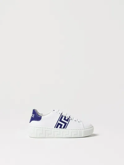 Versace Teen White & Blue Greca Leather Trainers In Weiss | ModeSens