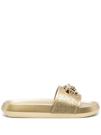 Versace Medusa Metallic Pool Slide Sandals In Gold | ModeSens