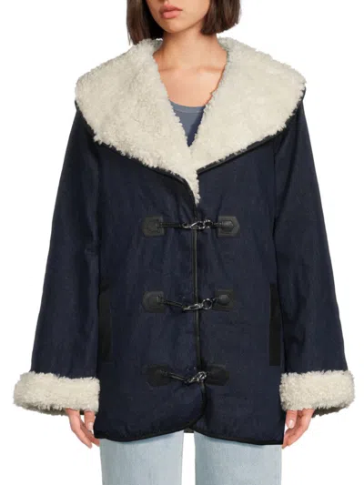 Weworewhat Women's Faux Shearling Denim Toggle Jacket In Raw Denim ...