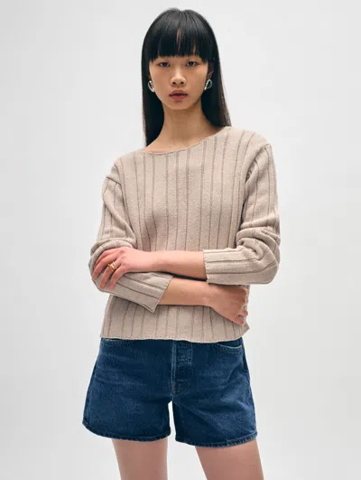 White + Warren Cotton Linen Wide Rib Crewneck Top In Flax | ModeSens